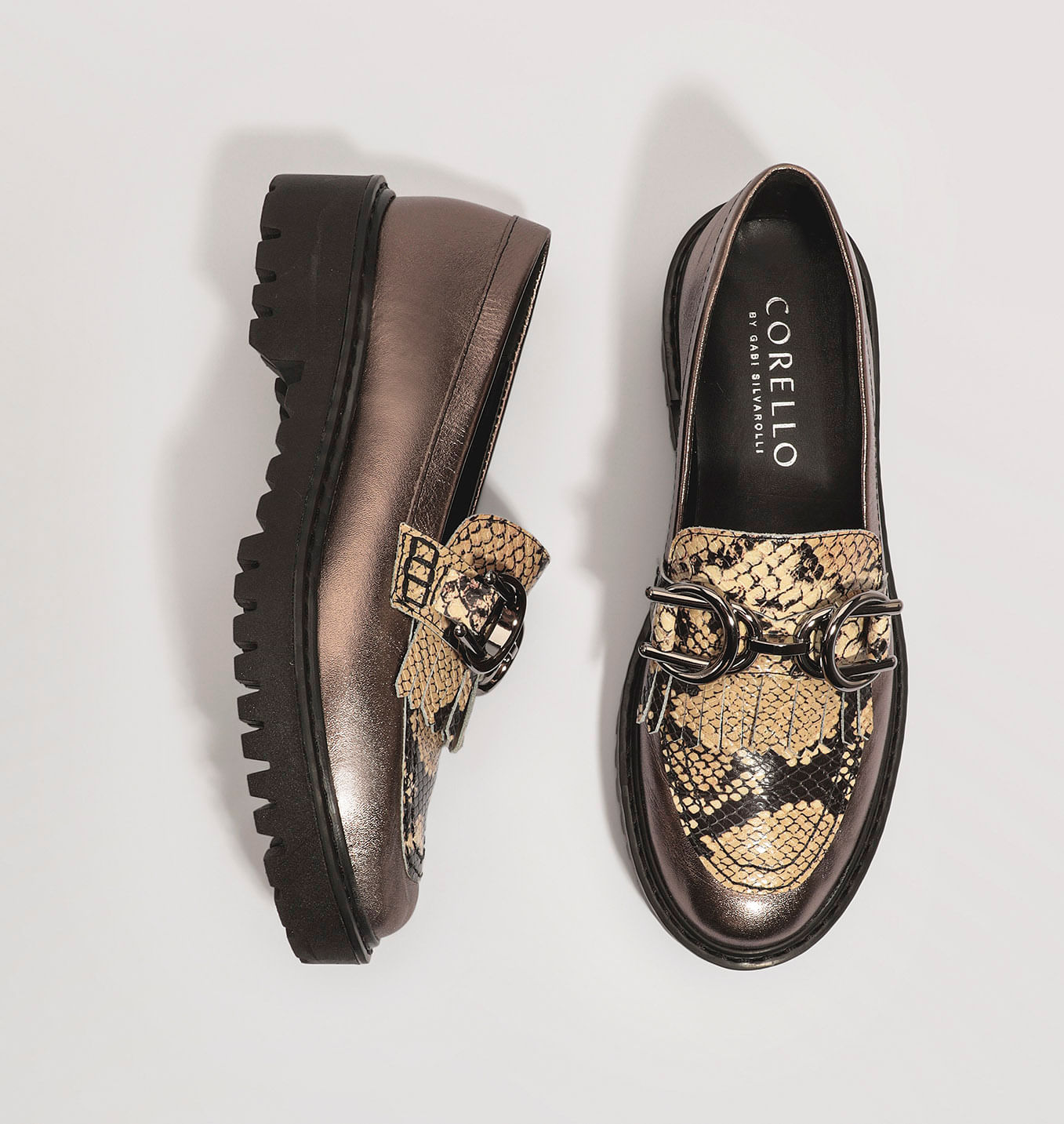 Mocassim - Couro Prata/Python